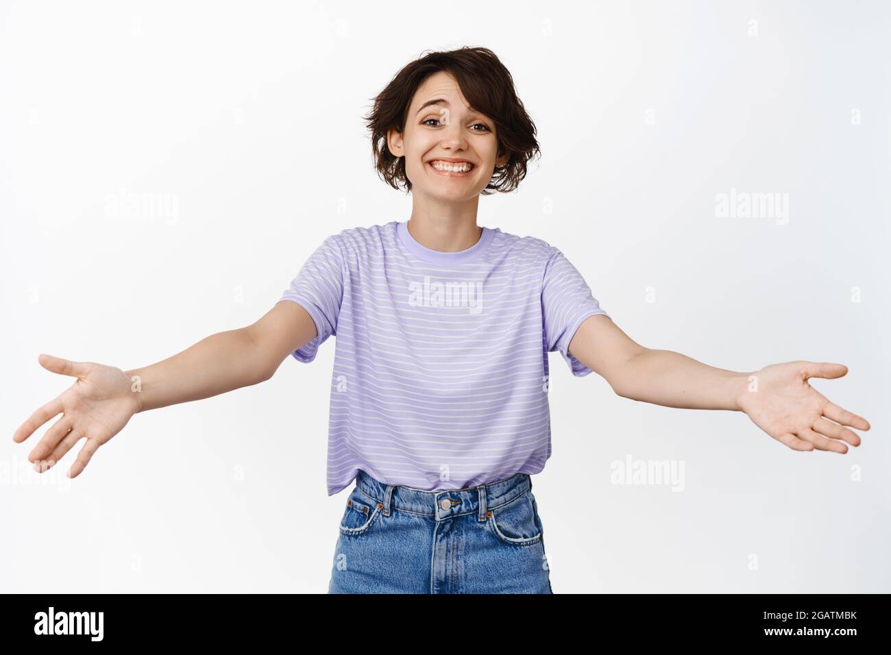 Image of happy beautiful girl extend her hands, reaching for hug ...