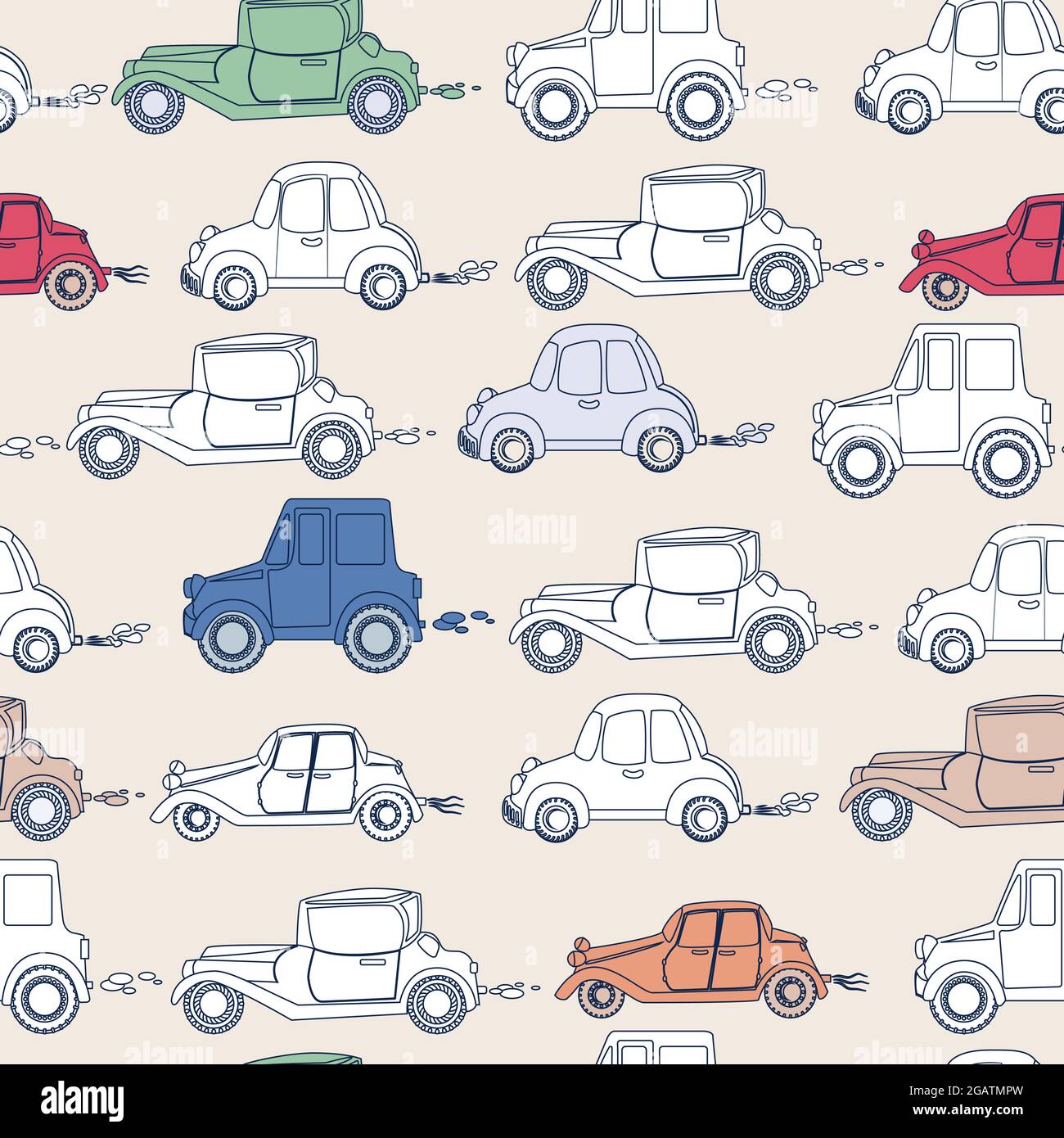 Seamless pattern with retro cars in a cartoon doodle style. Horizontal ...