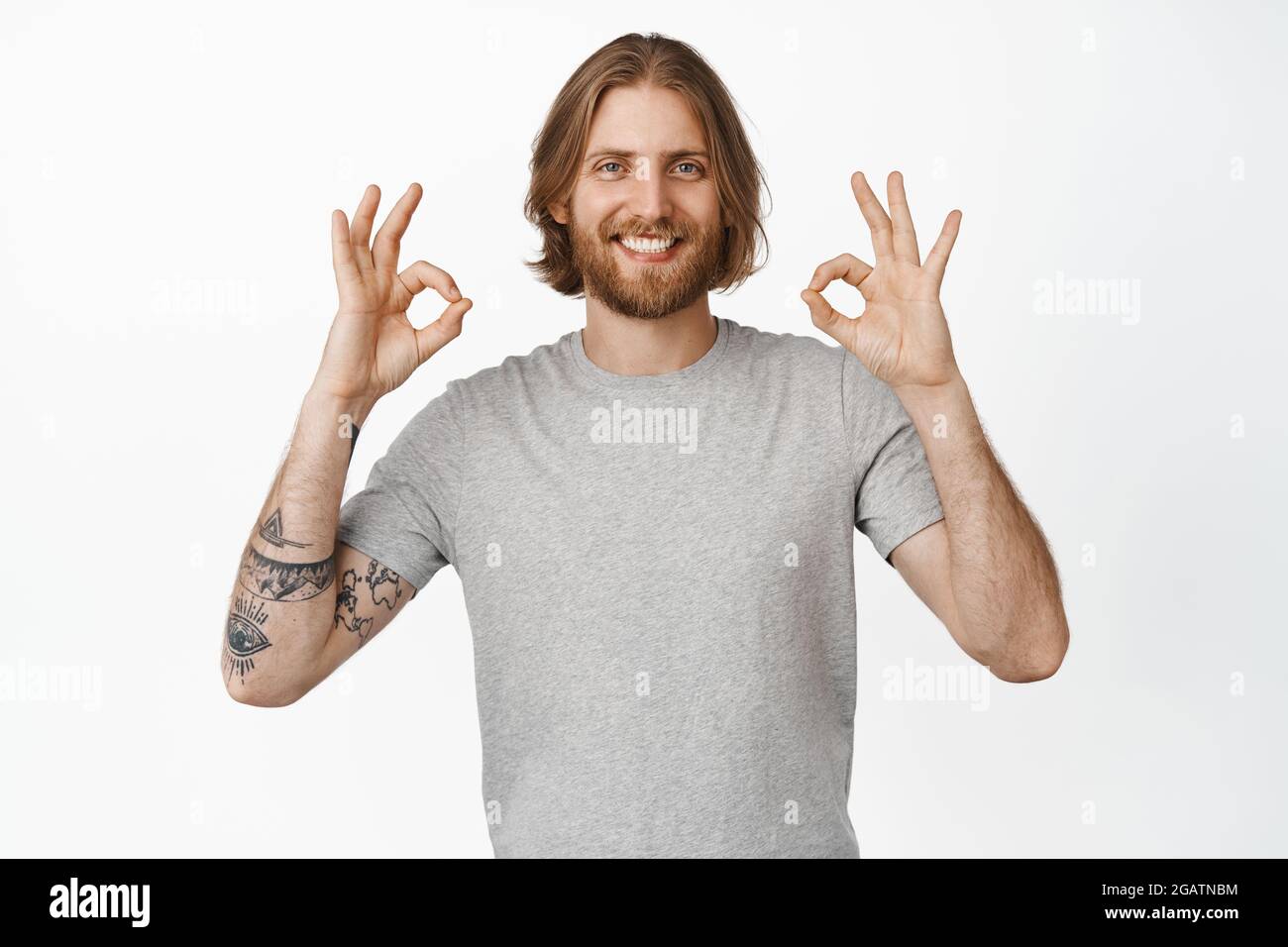 Image of handsome blond bearded guy, man showing OK okay sign in ...