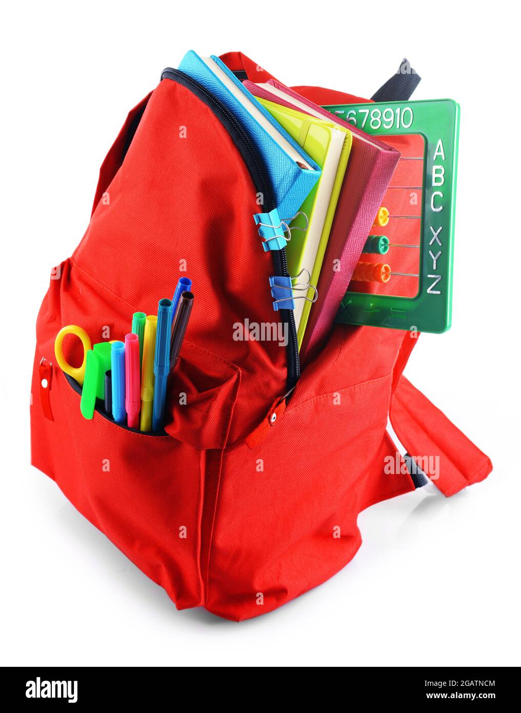 Red backpack with colourful stationary isolated on white background ...