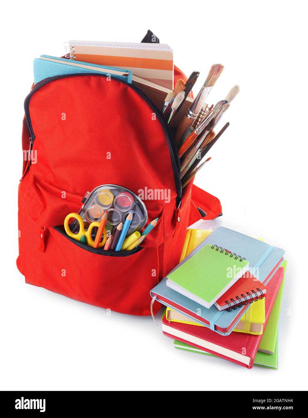 Red backpack with colourful stationary and books isolated on white ...