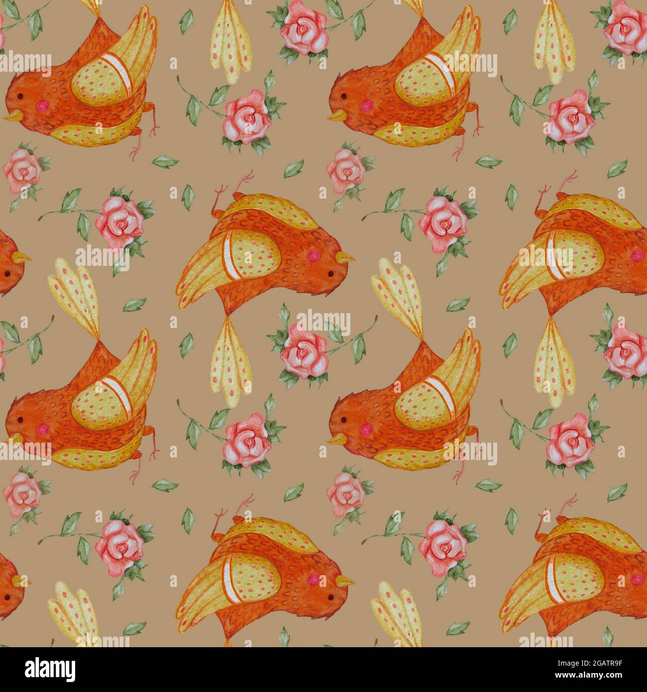 Seamless pattern with yellow orange bird. Decorative cute sparrow on a ...