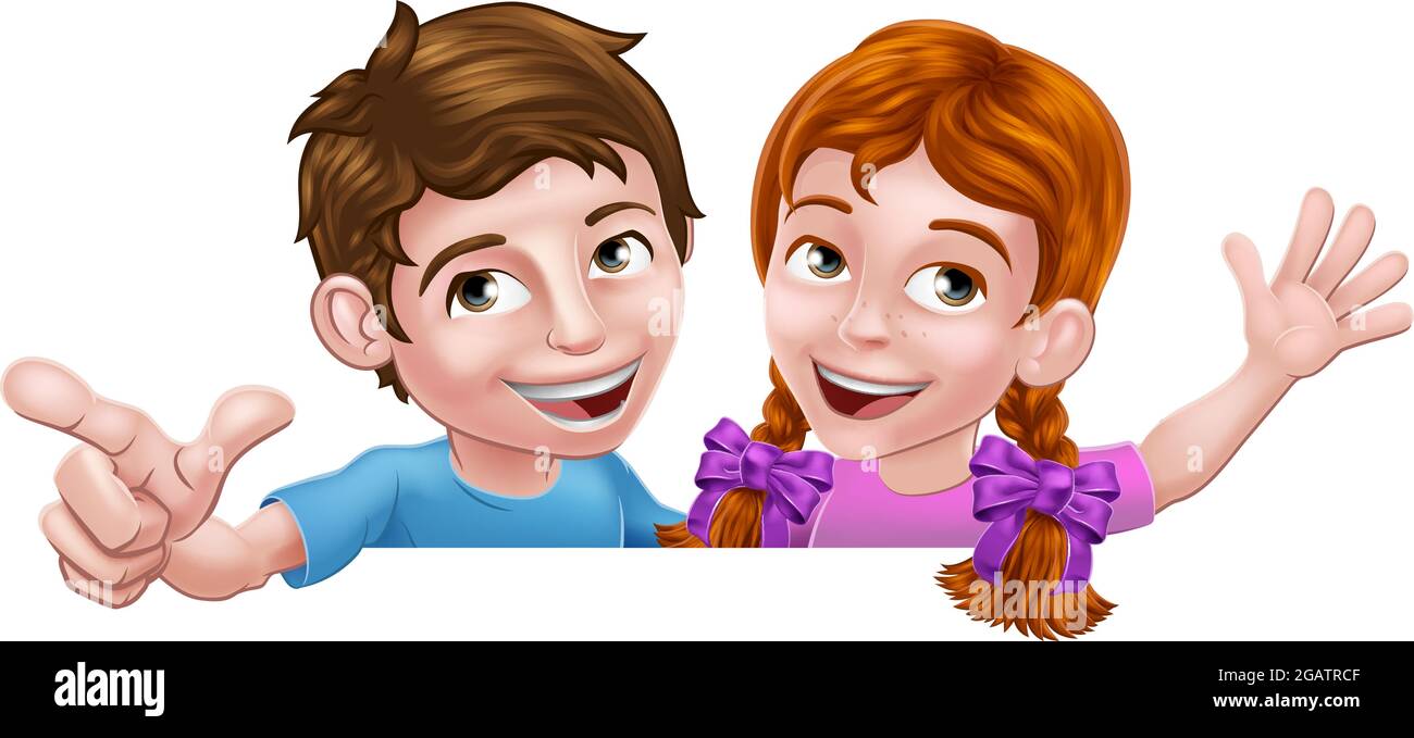 Boy Girl Kid Cartoon Children Peeking Over Sign Stock Vector Image ...
