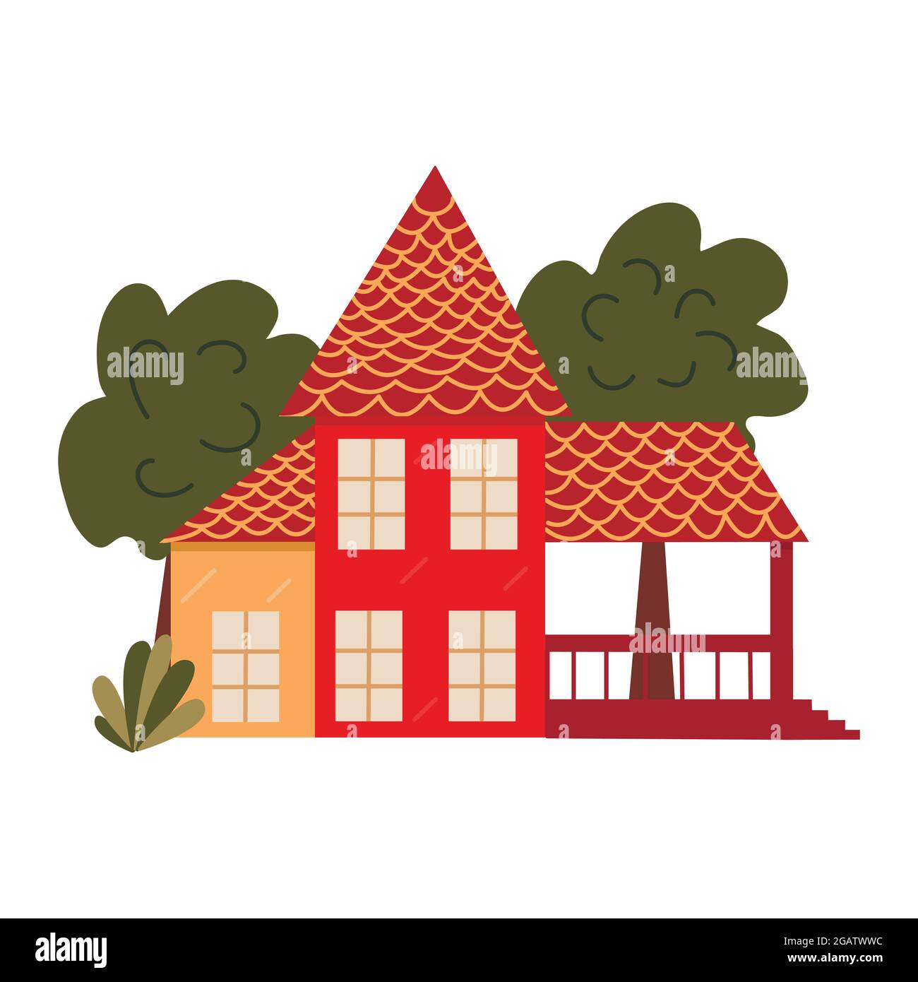 Large house with a covered terrace and tall trees. Colorful vector ...