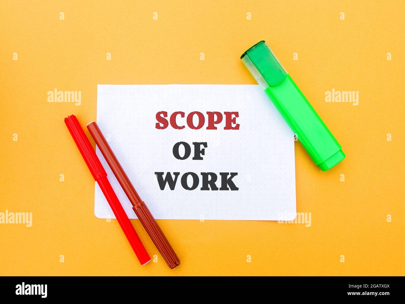 Notes with the word Scope of work and markers. Business operations ...