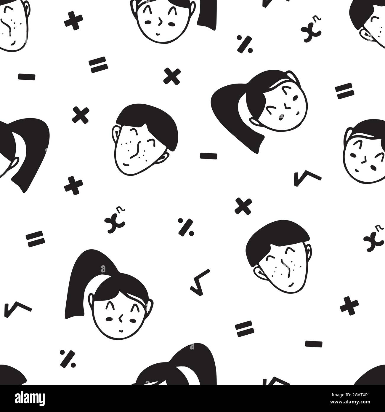 Seamless pattern with faces of boys and girls schoolchildren. Signs of ...