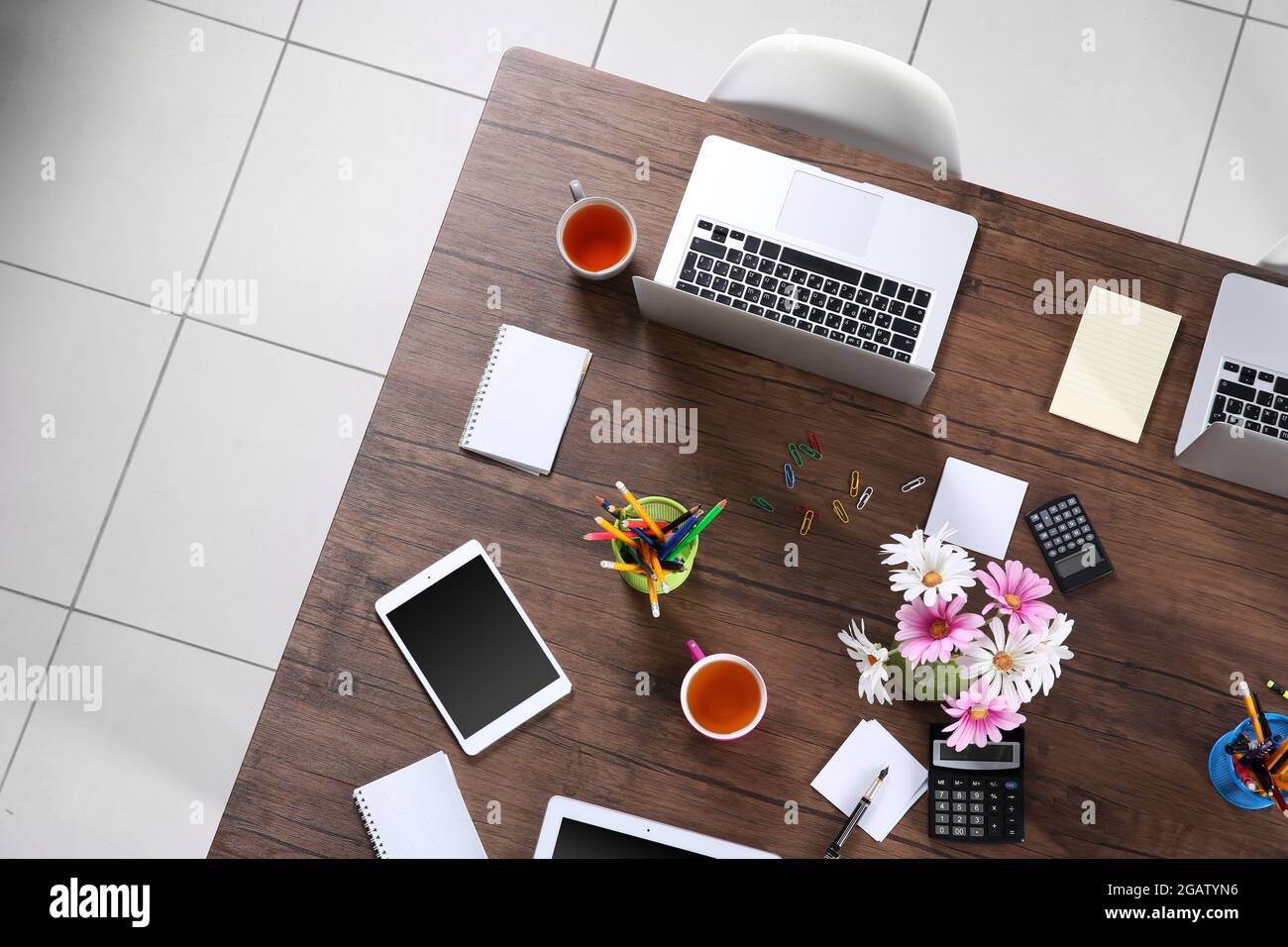 Office table for meetings, top view Stock Photo - Alamy