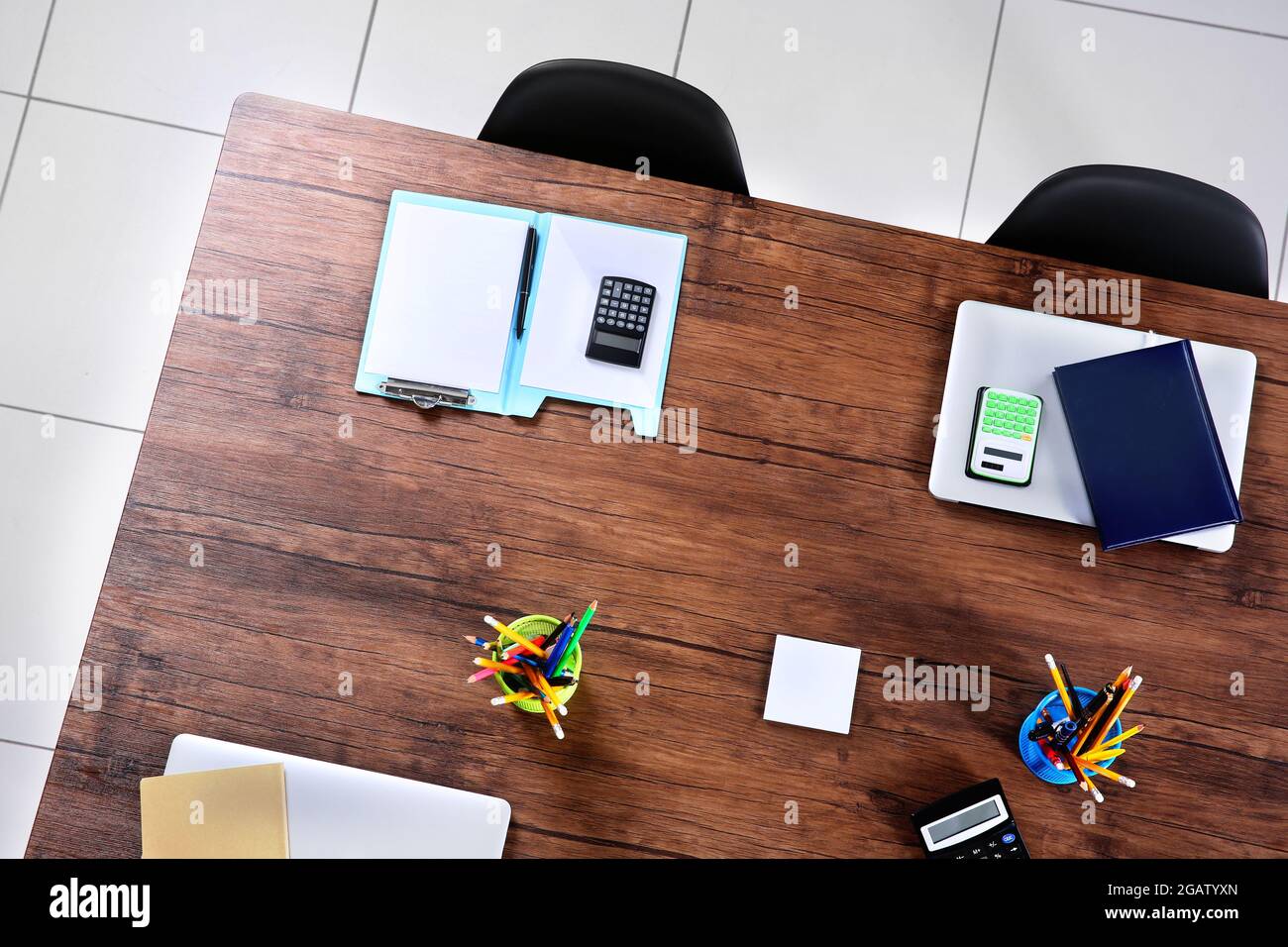 Office table for meetings, top view Stock Photo - Alamy