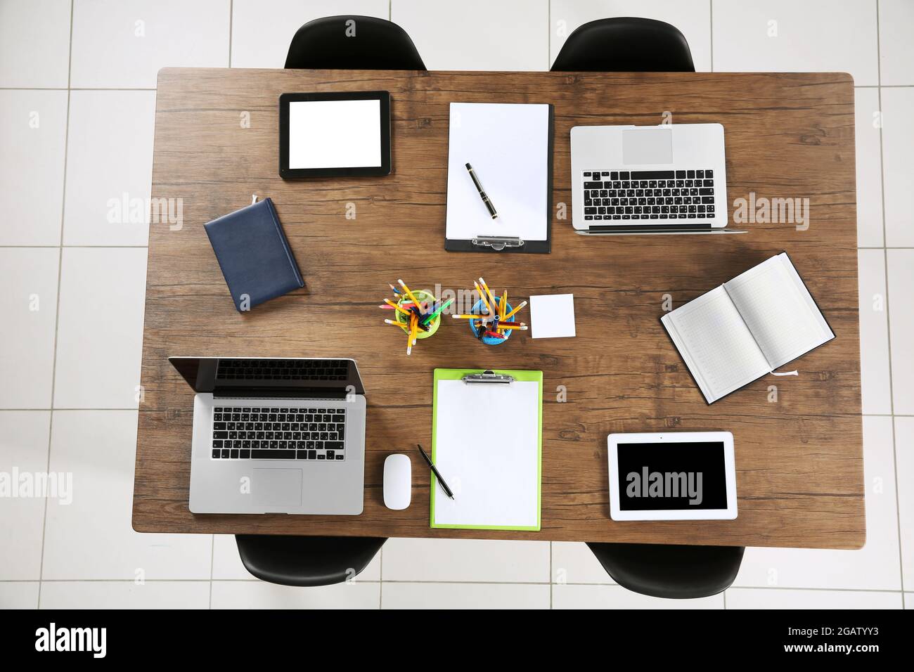 Office table for meetings, top view Stock Photo - Alamy