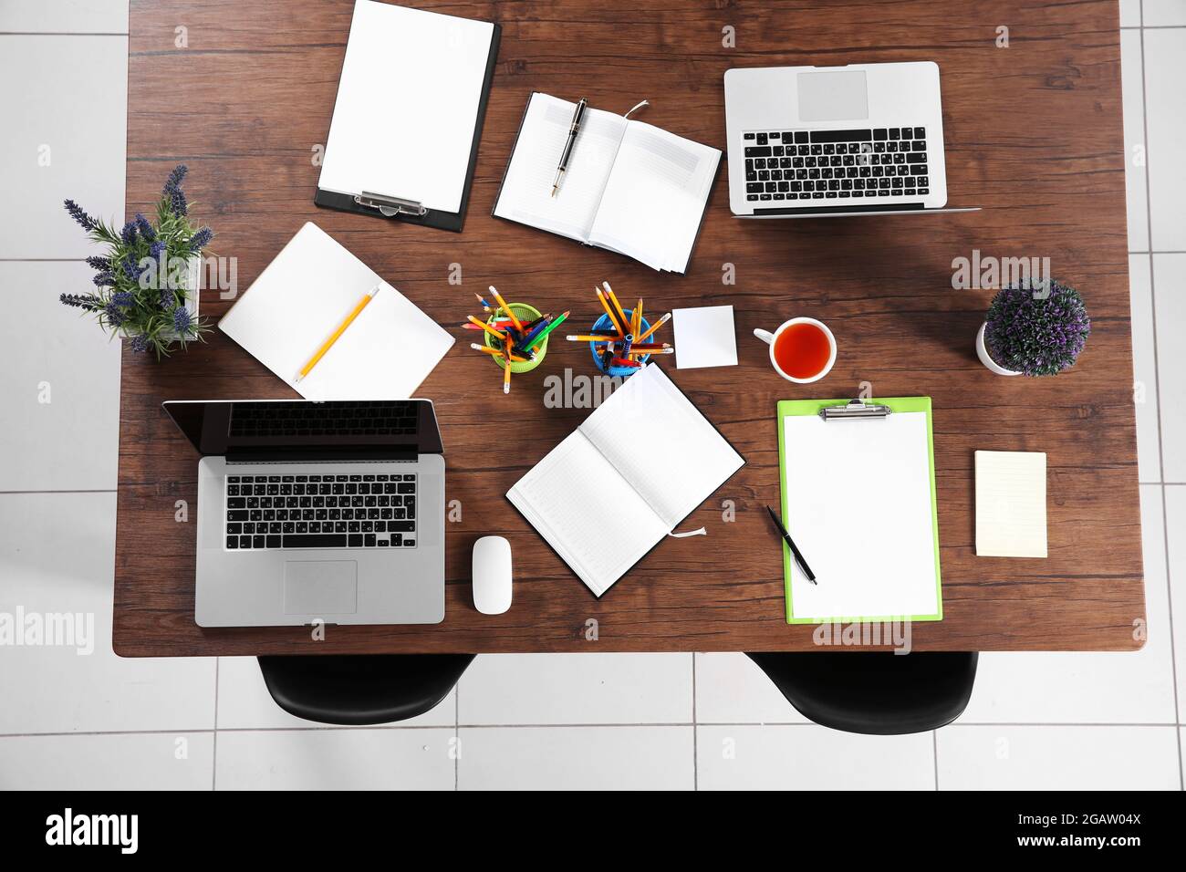Office table for meetings, top view Stock Photo - Alamy