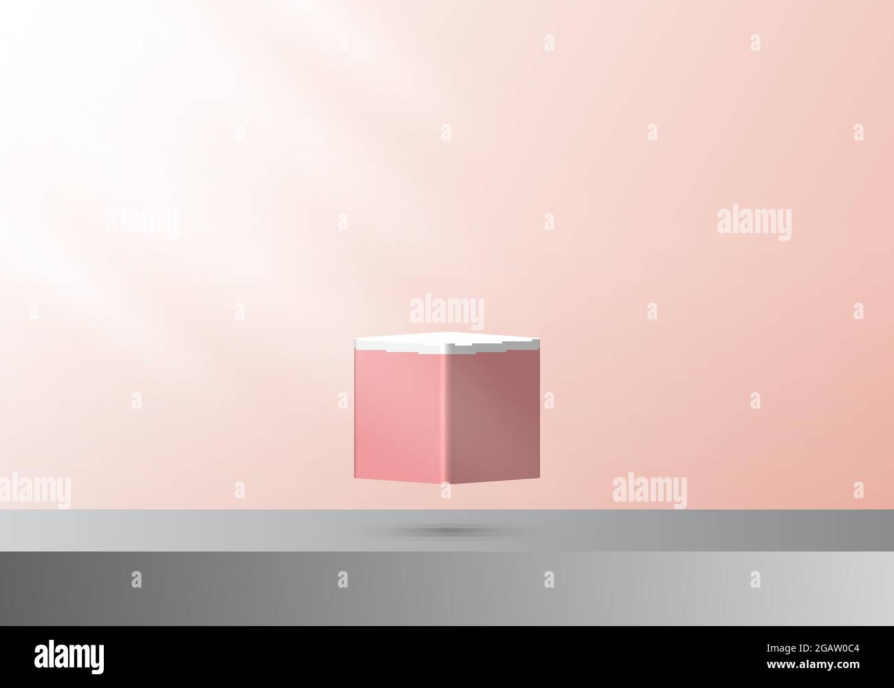 3D pink color cube pedestal floating on air with light minimal wall ...