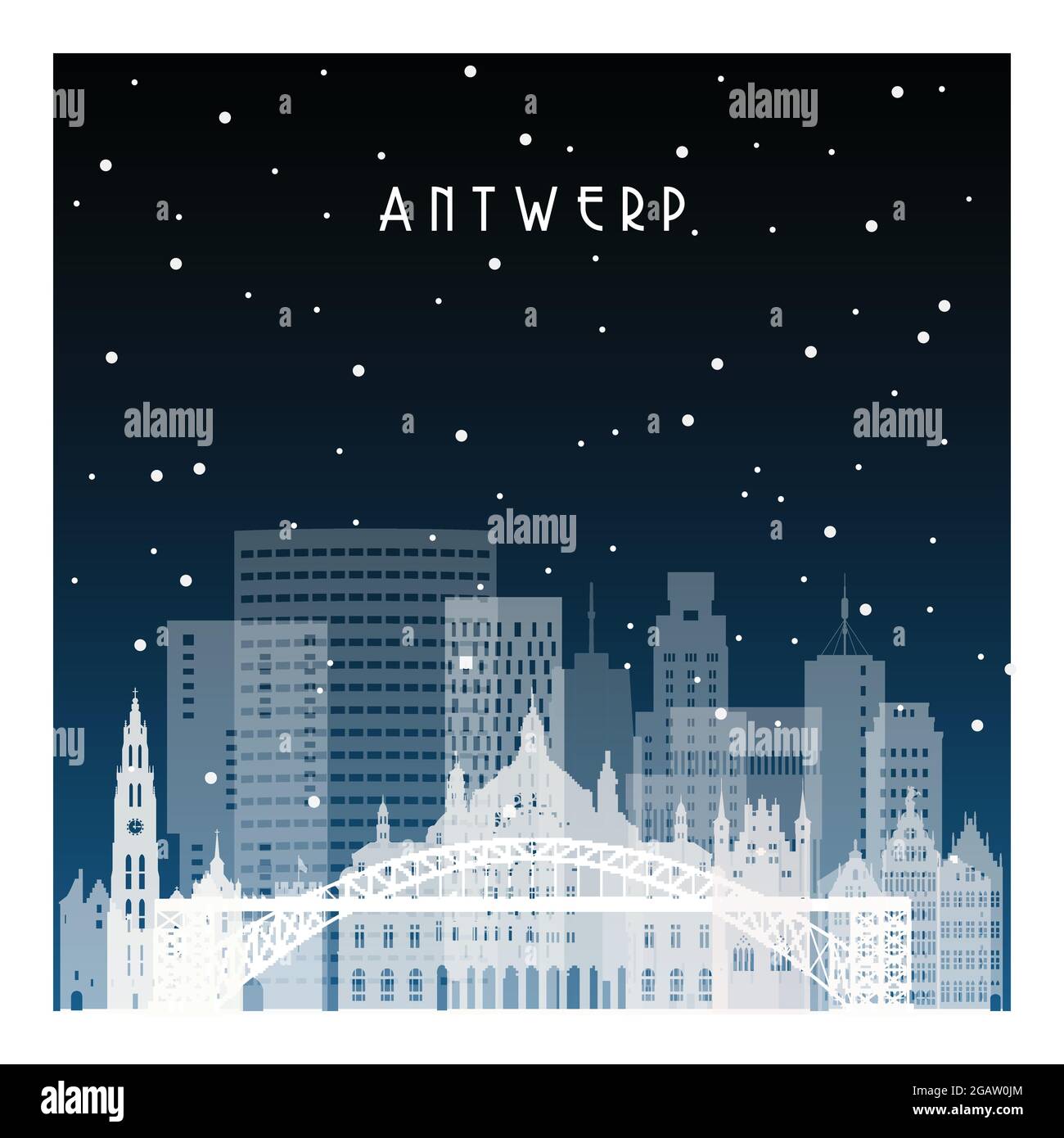 Winter night in Antwerp. Night city in flat style for banner, poster ...