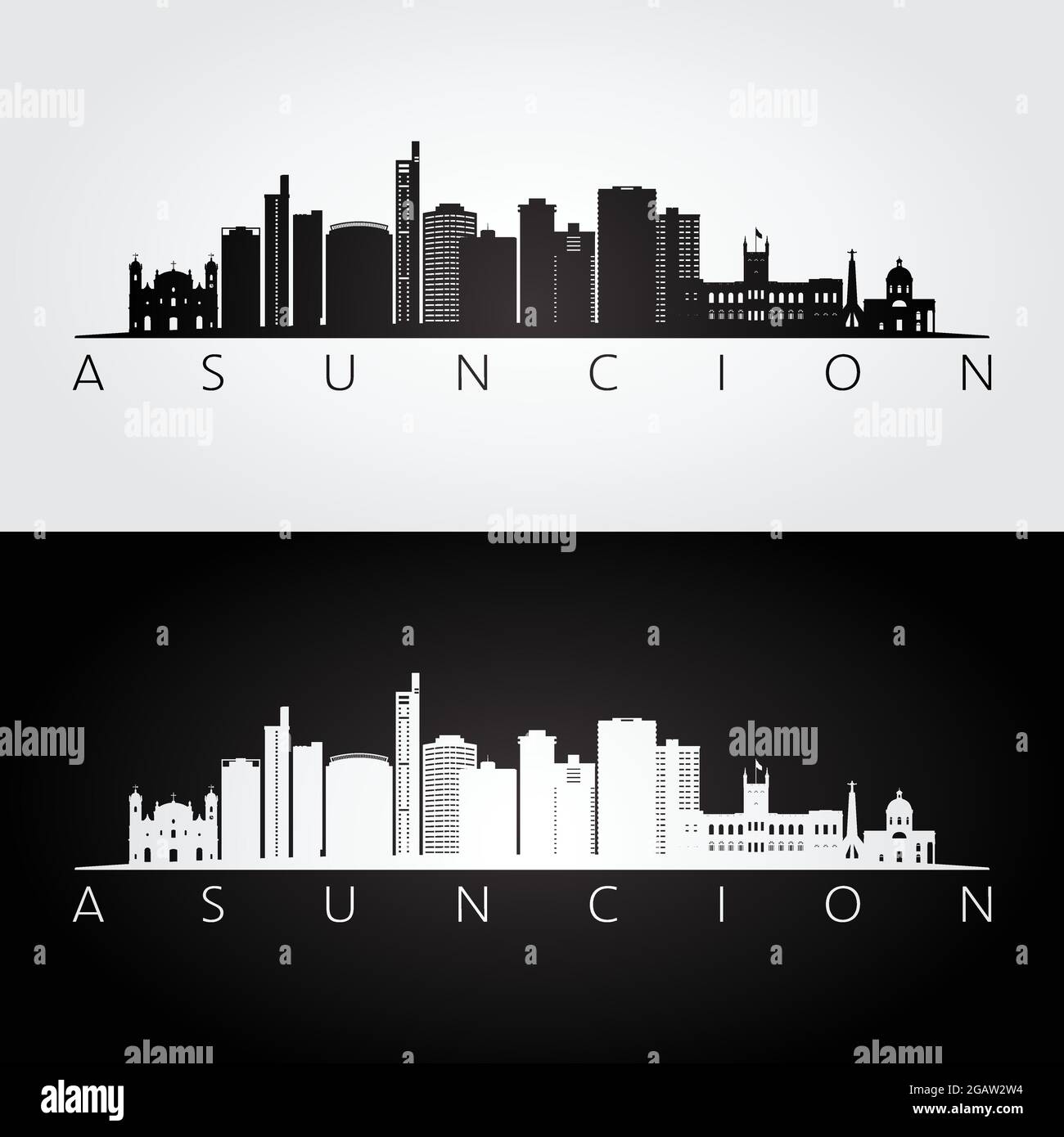 Asuncion skyline and landmarks silhouette, black and white design ...