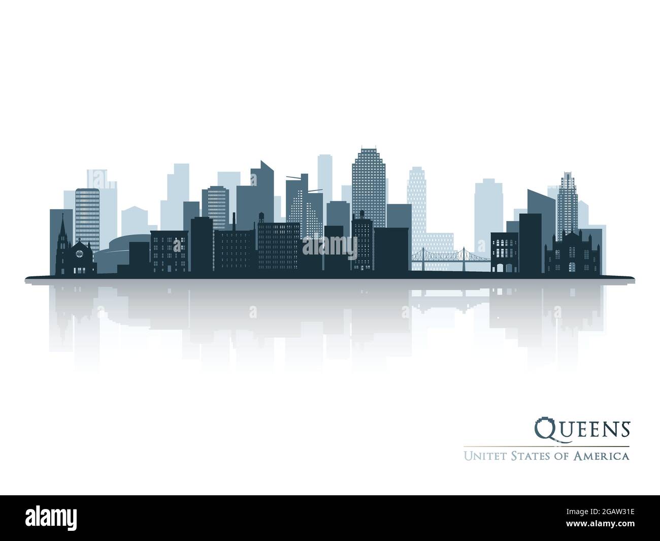 Queens, New York blue skyline silhouette with reflection. Vector ...