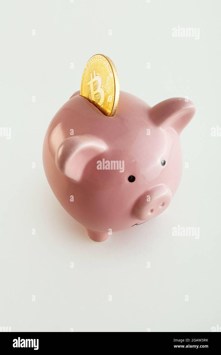 Piggy bank with bitcoin coins on isolated white background Stock Photo ...