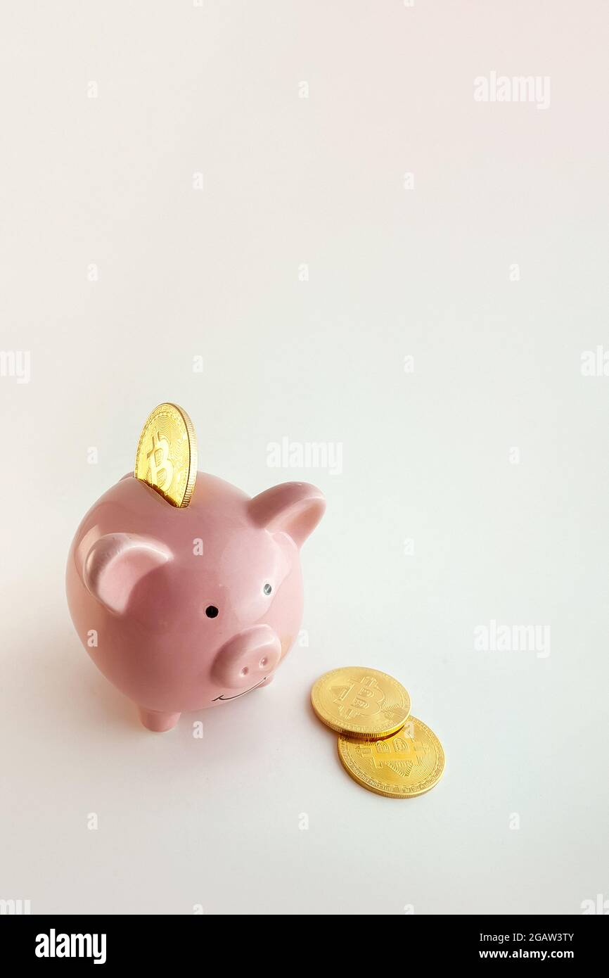 Piggy bank with bitcoin coins on isolated white background Stock Photo ...