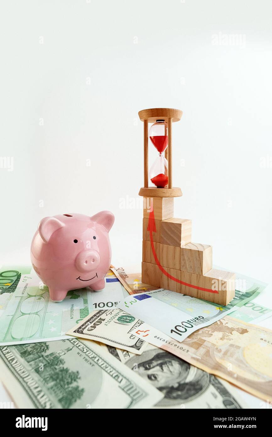 Pig shaped piggy bank, hourglass, growing graph wood cubes, euro ...