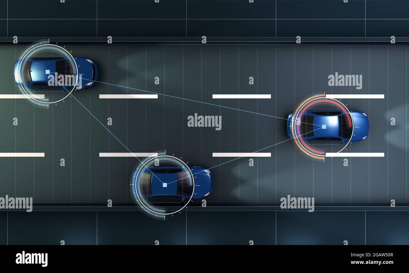 Autonomous cars on a road with visible connection, 3d Rendering Stock ...