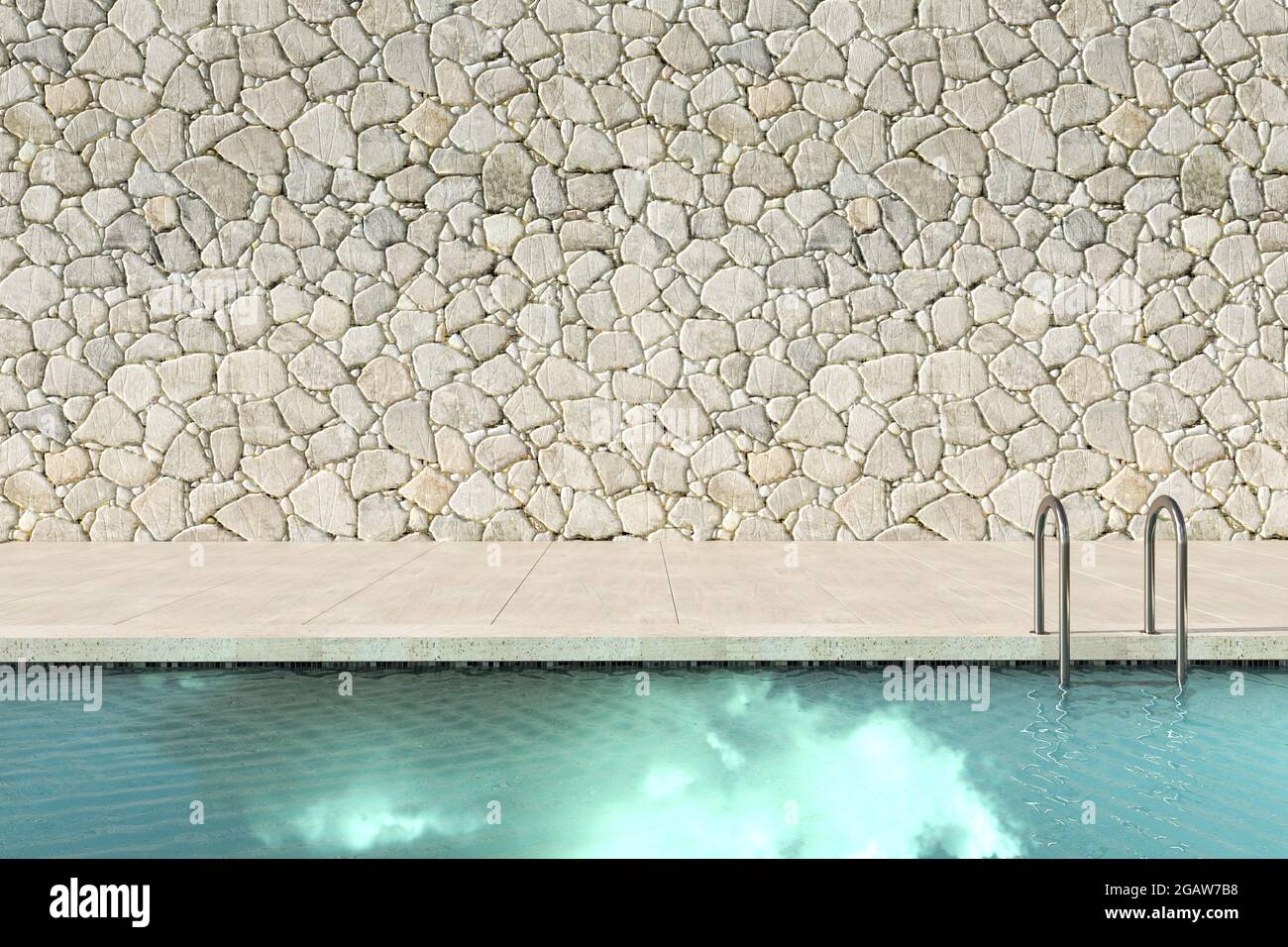 Scandinavian design outdoor terrace with swimming pool. Mock up stone ...