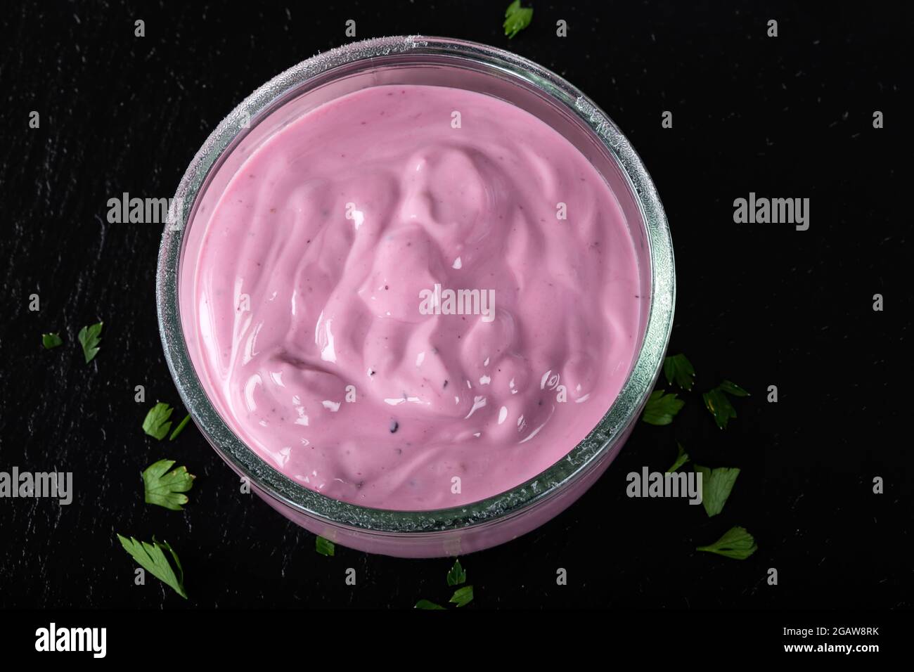 Fruit yoghurt in a glass bowl - top view Stock Photo - Alamy