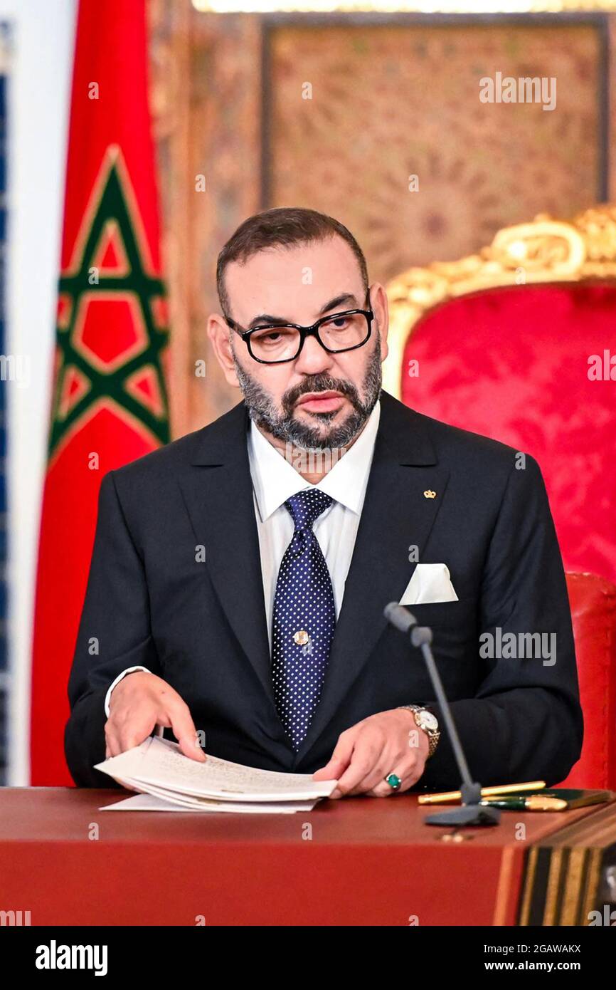 King Mohammed VI of Morocco delivers a speech to the Nation during the ...