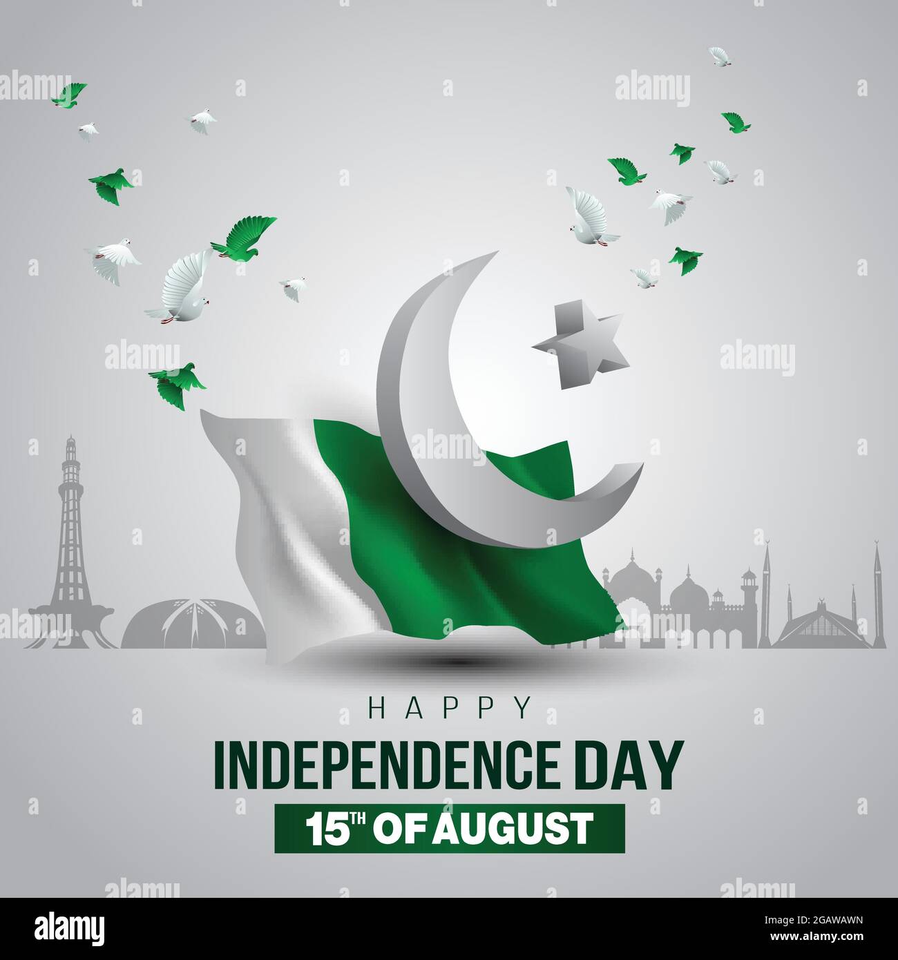 happy independence day Pakistan. 3d flag, moon with flying pigeon ...