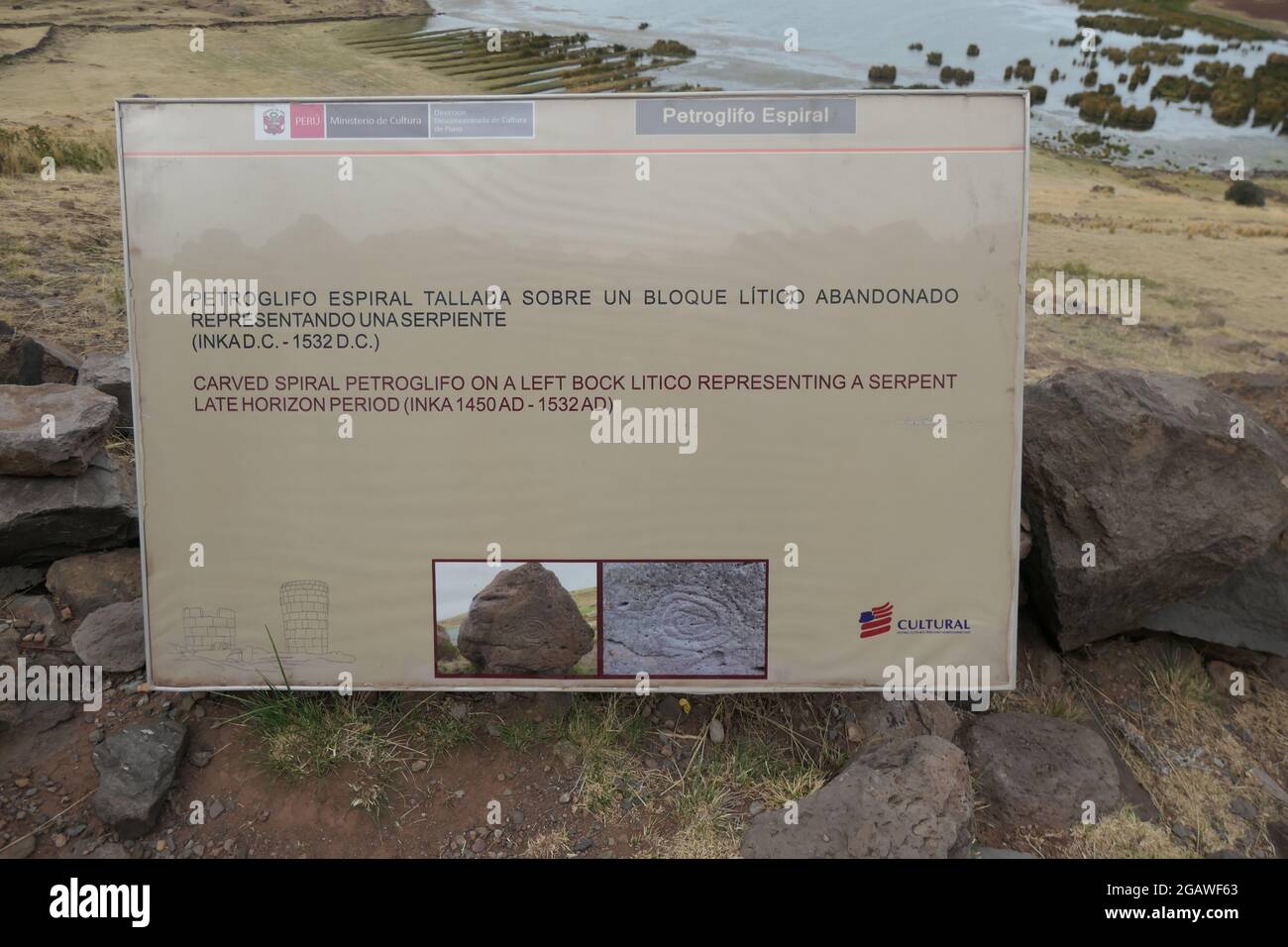 sign or plan at Puno near shores for Inca cemetery of Lake Titicaca pre ...