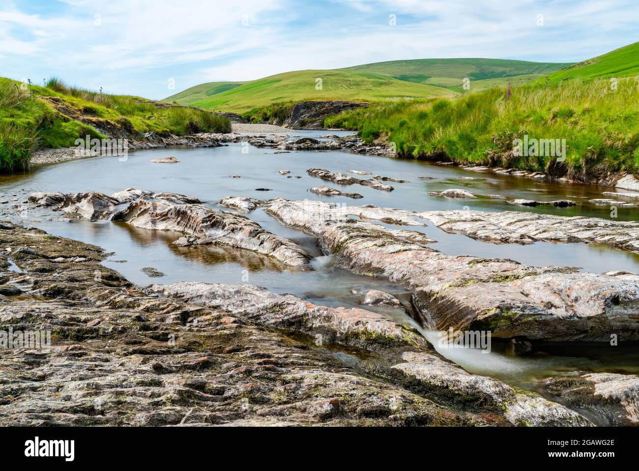View of beautiful Welsh countryside with river Afon Elan in Elan Valley ...