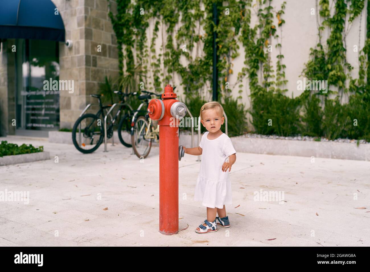 Little girl stands near a fire hydrant on the street Stock Photo - Alamy