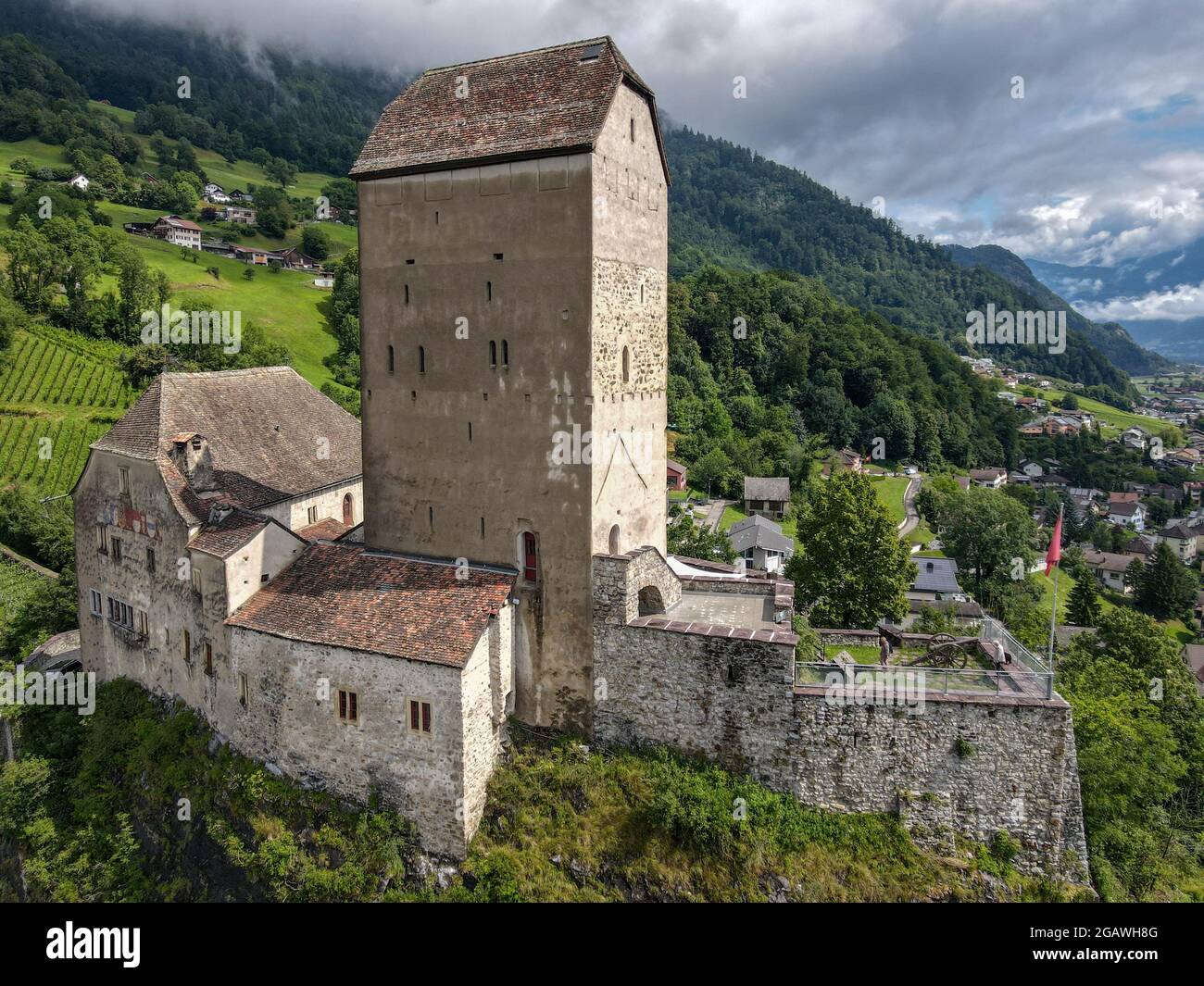 Drone view at Sargans castle on Sargans in the Swiss alps Stock Photo ...