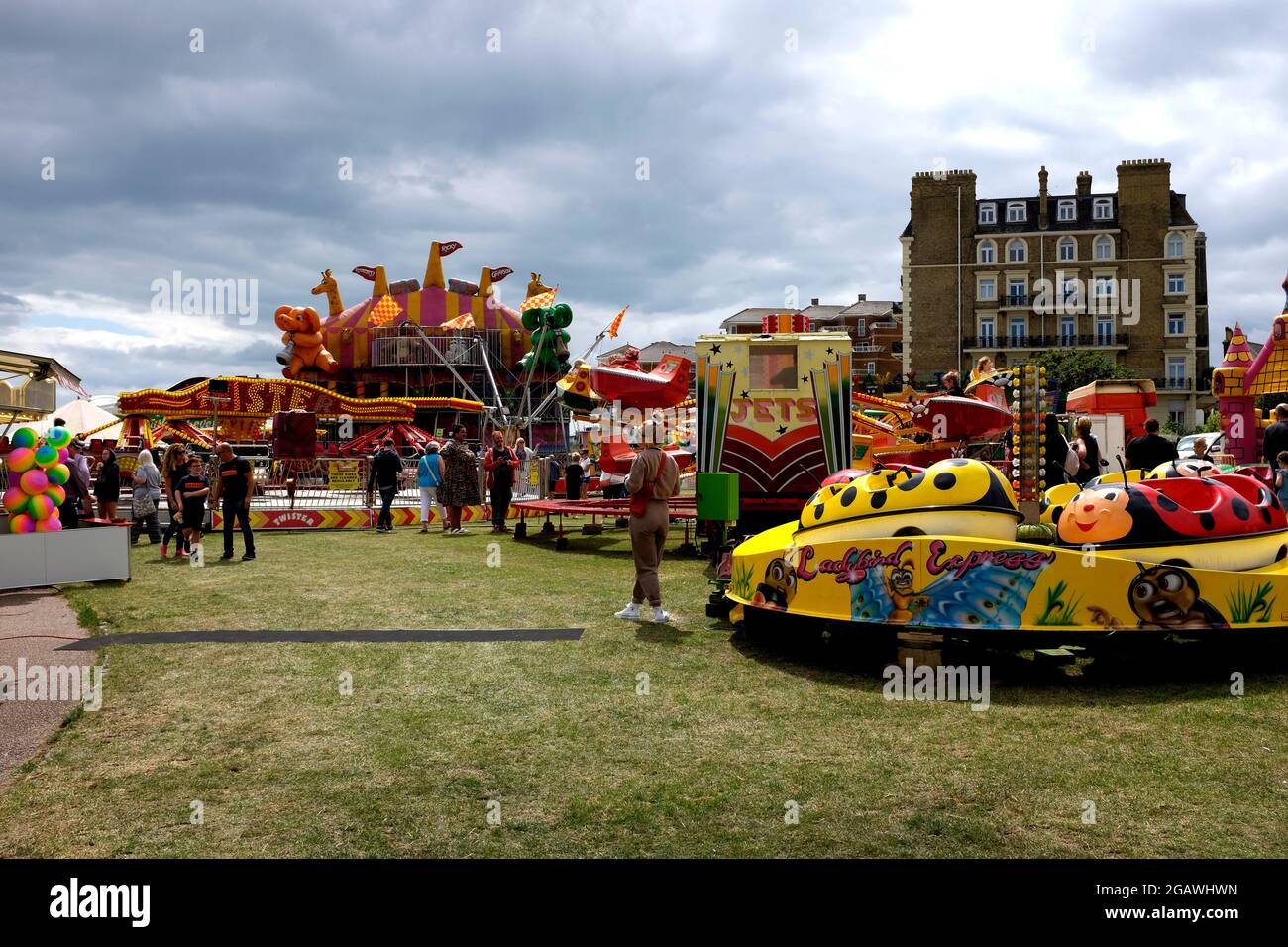 childrens funfair on a sunny day in broadstairs seaside town, south ...