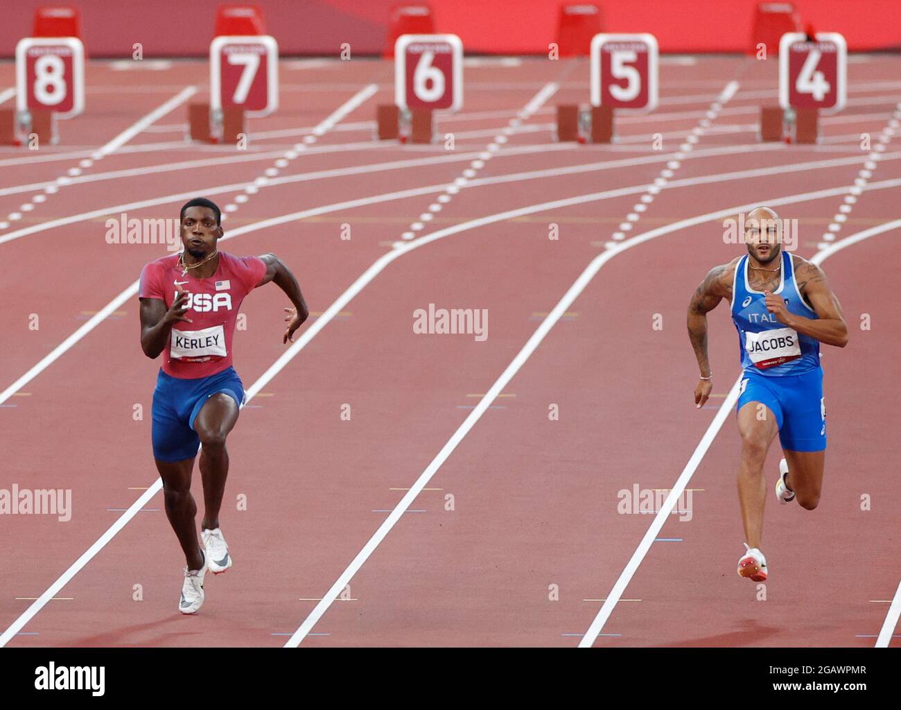 01 August 2021, Japan, Tokio: Athletics: Olympics, 100m final, men ...