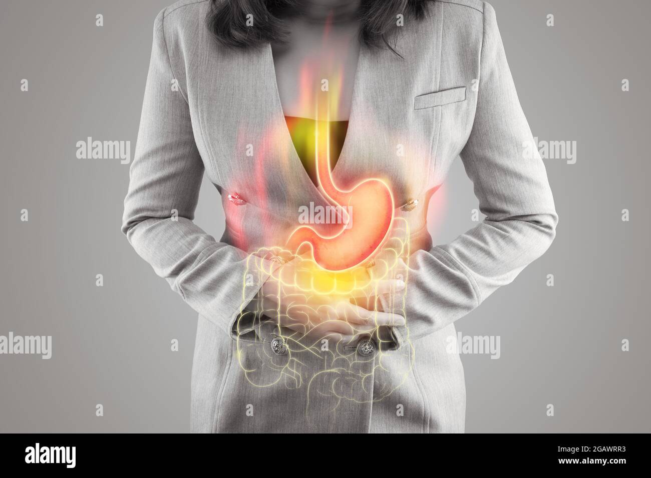 The illustration of stomach and large intestine is on the woman's body ...