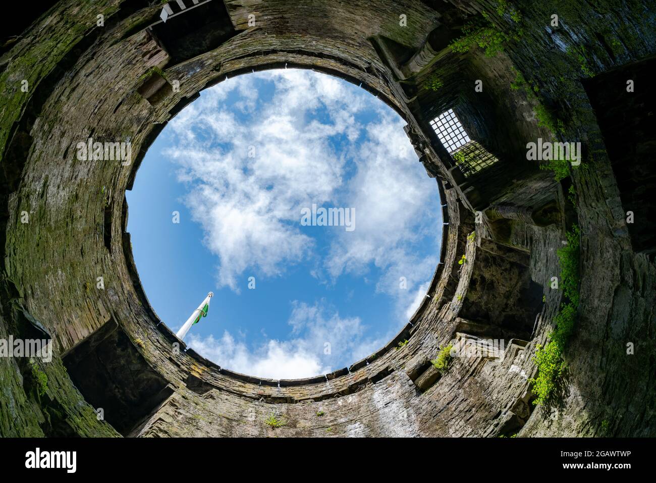 CONWY, WALES - JULY 04, 2021: Upward view of a tower at Convy Castle ...
