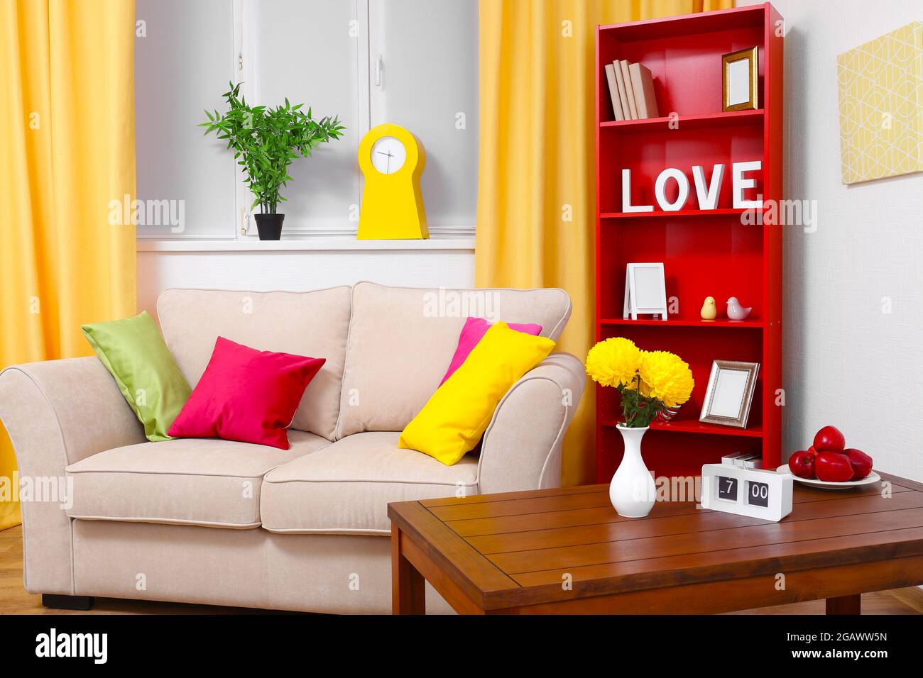 Modern interior design. Living room with sofa and bookcase Stock Photo ...