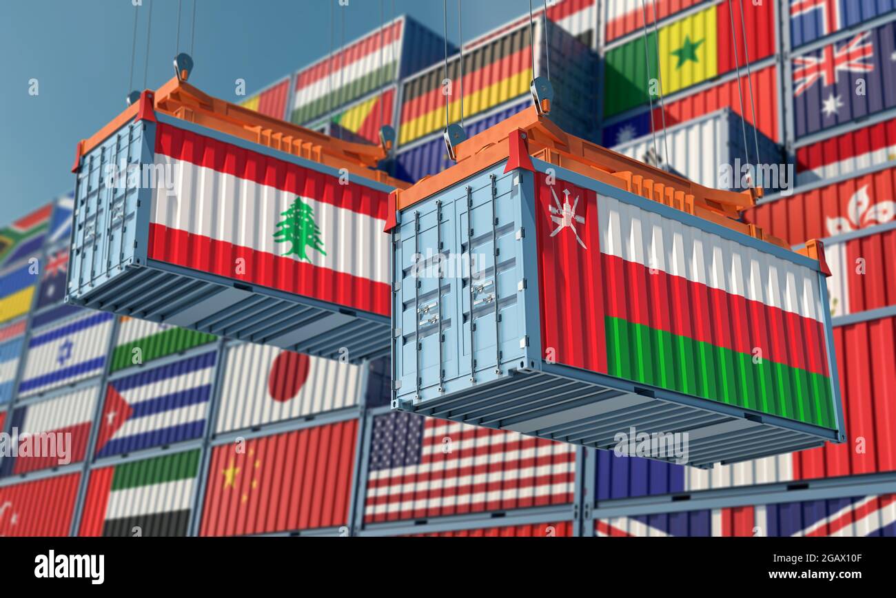 Freight containers with Lebanon and Oman flag. 3D Rendering Stock Photo ...