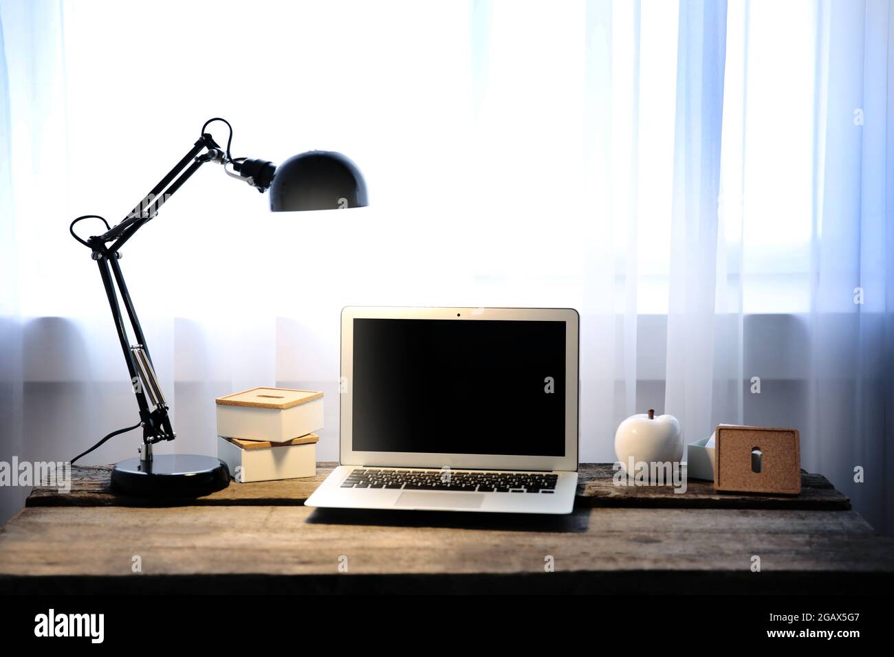Modern workplace on light background Stock Photo - Alamy