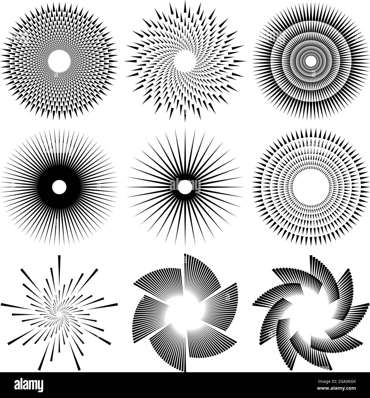 Radial, concentric, circular triangles shape, design element, icon ...