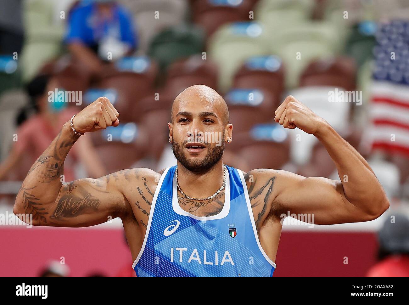 Tokyo, Japan. 1st Aug, 2021. Lamont Marcell Jacobs of Italy reacts ...