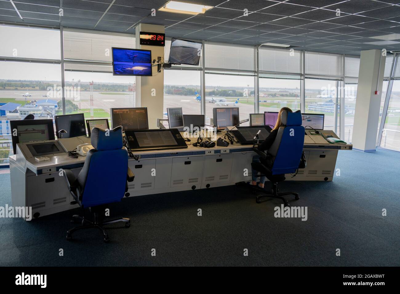 Air traffic controller workplace. Work space of the manager of takeoffs ...