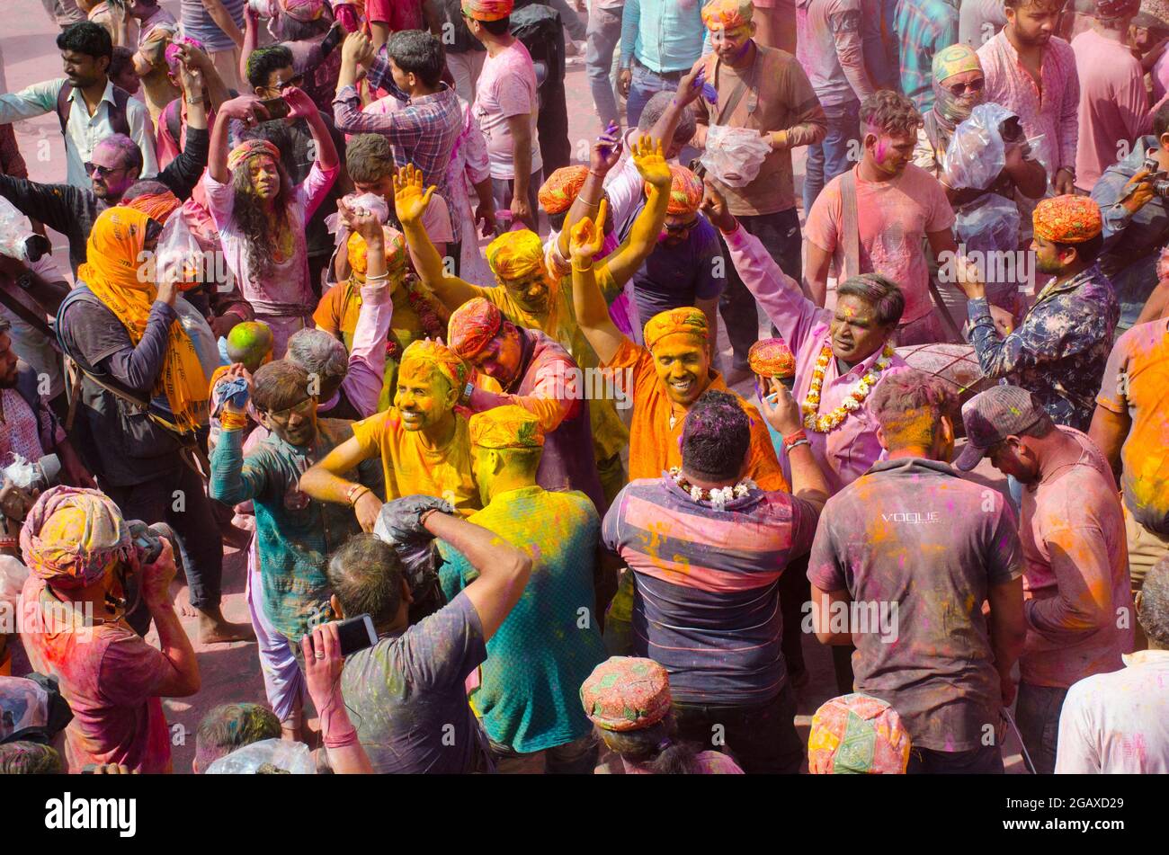 Pilgrims are dancing with the drum beats in celebration with the Holi ...
