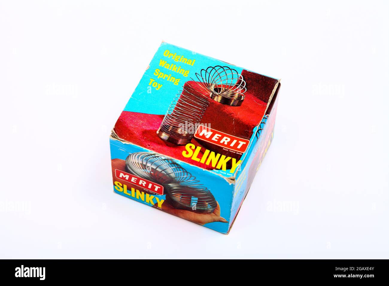 Boxed Merit Slinky spring toy isolated on a white background Stock ...