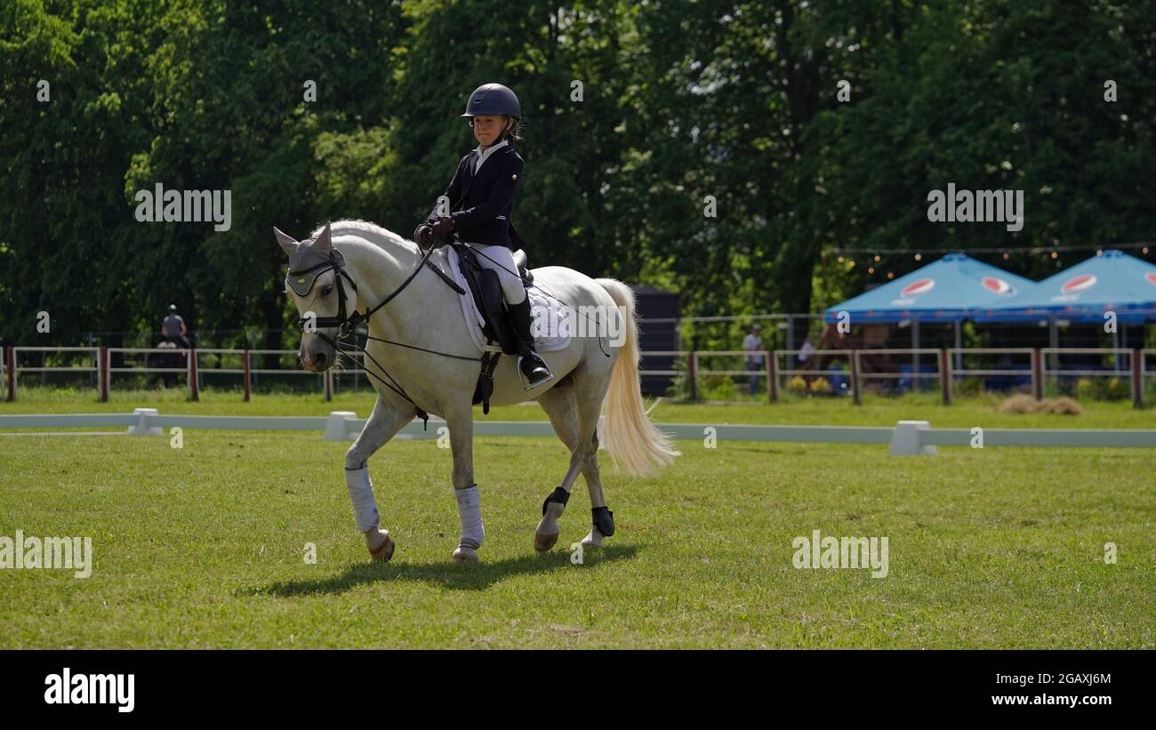 Girl rider white horse in equestrian sport competition. Horse riding on ...