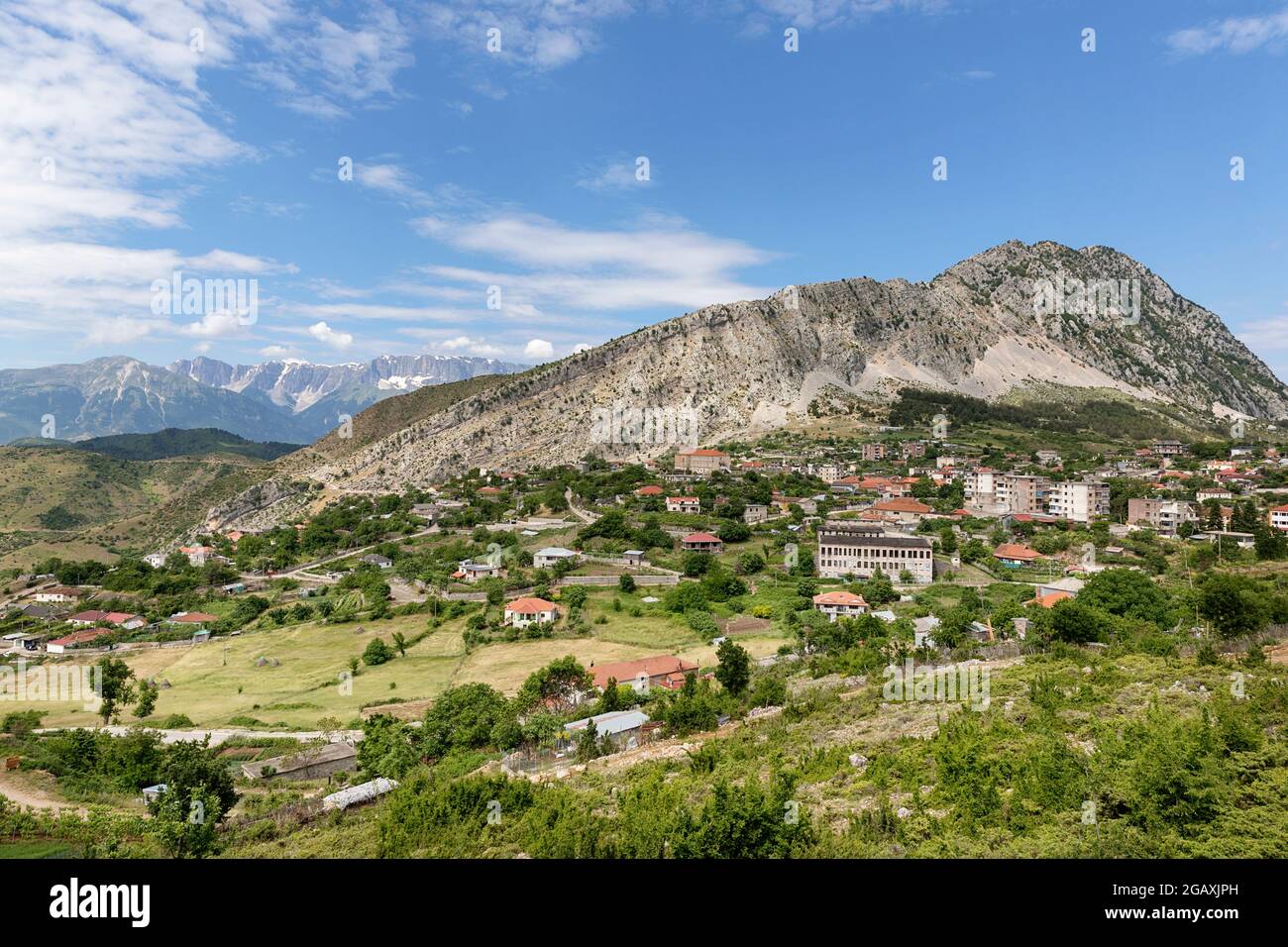 Small town of Leskovik on a beautiful plateau under the mountains in ...