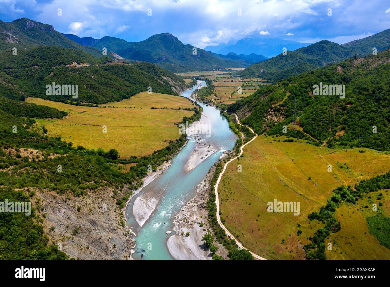 aerial view of a beautiful Vjosa river, near Çarçovë, Nemërçka ...
