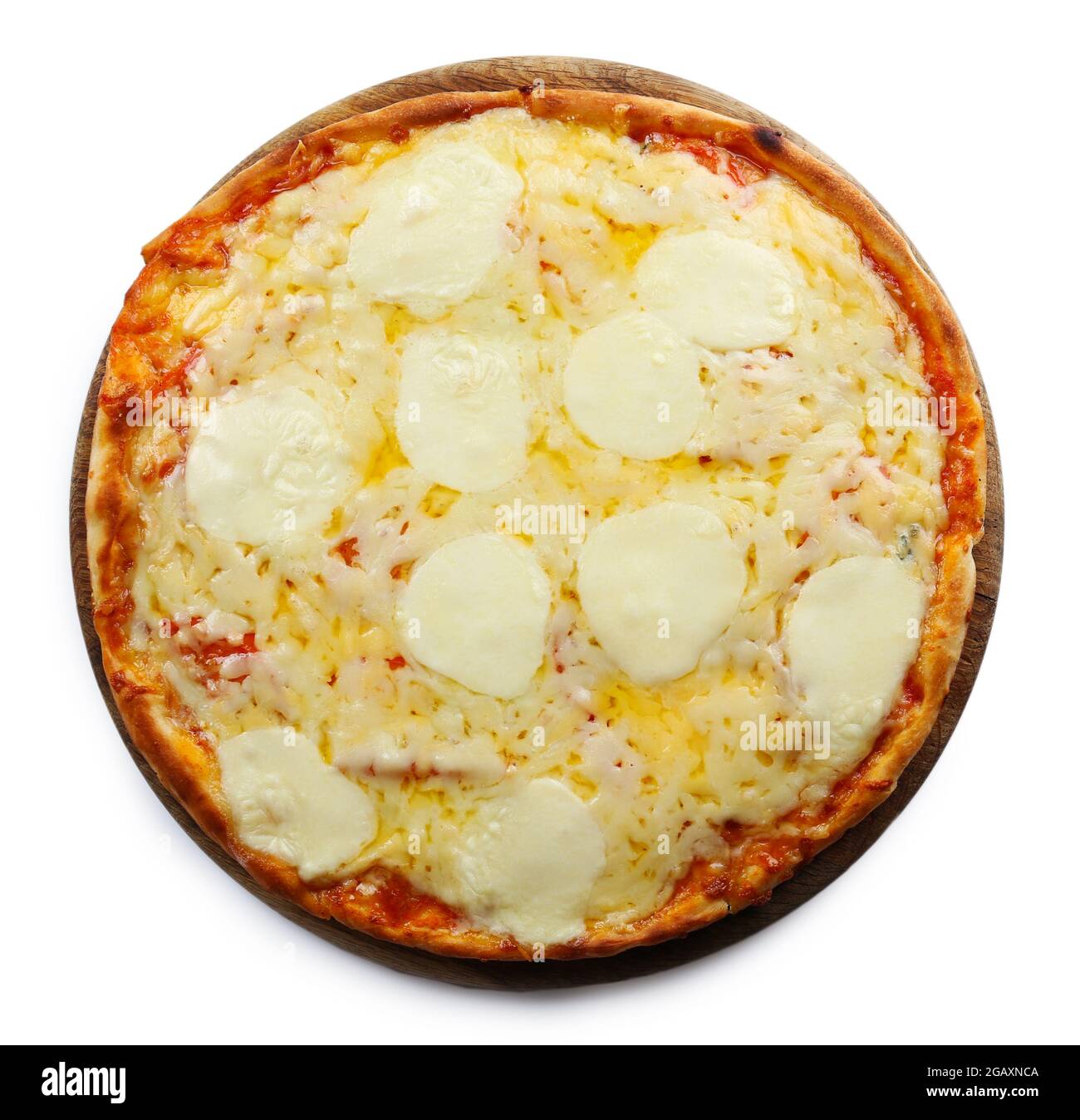 Pizza full of cheese on wooden board isolated on white background Stock ...
