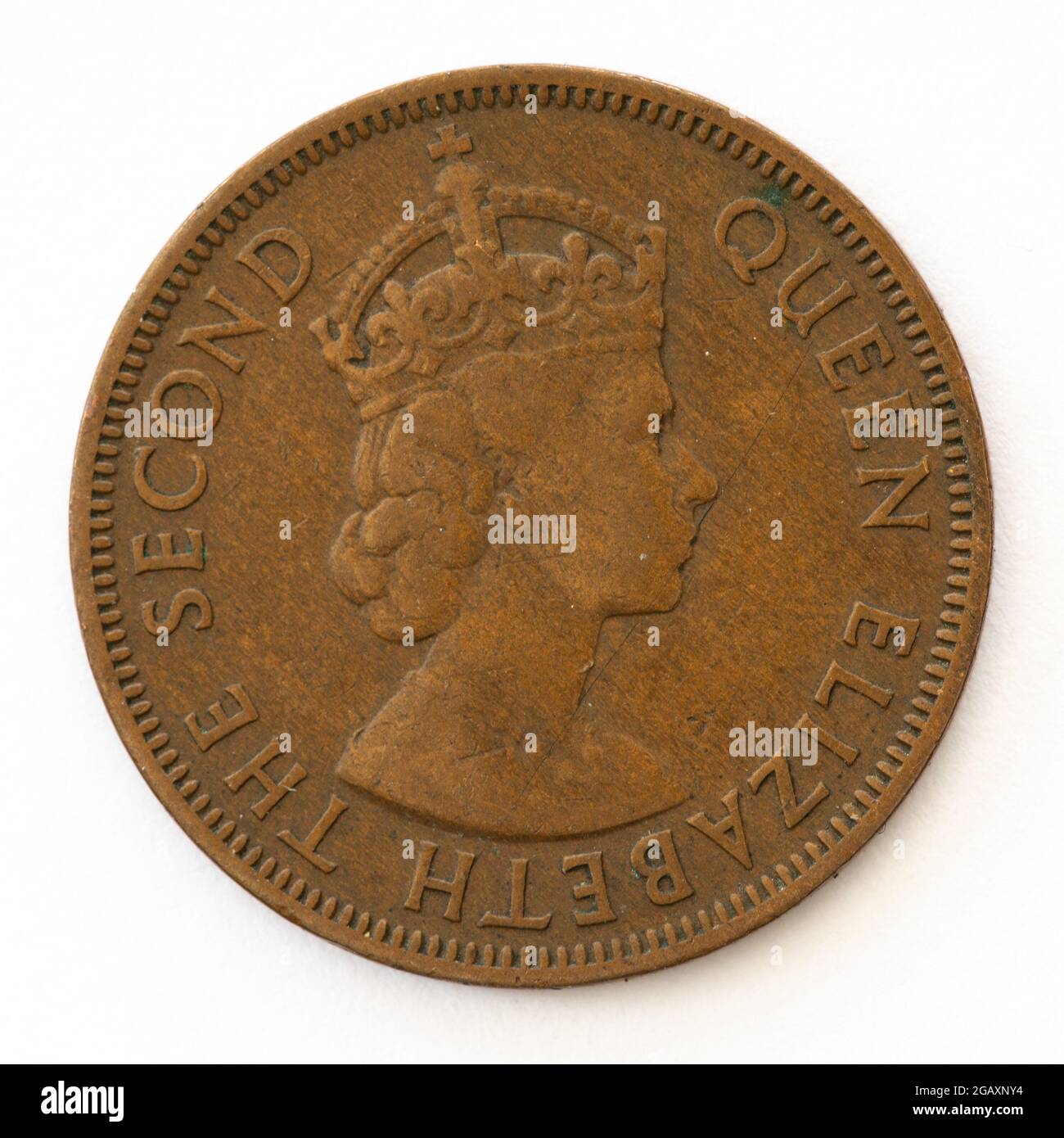 Cypriot 5 mils coin from 1955. The obverse, Queen Elizabeth II first ...