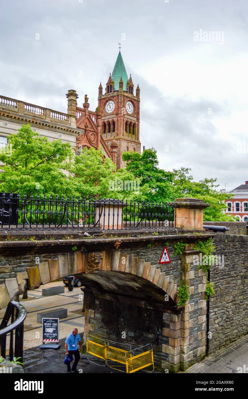 Derry, Northern Ireland, July, 2016. Derry City Walls gate with the ...