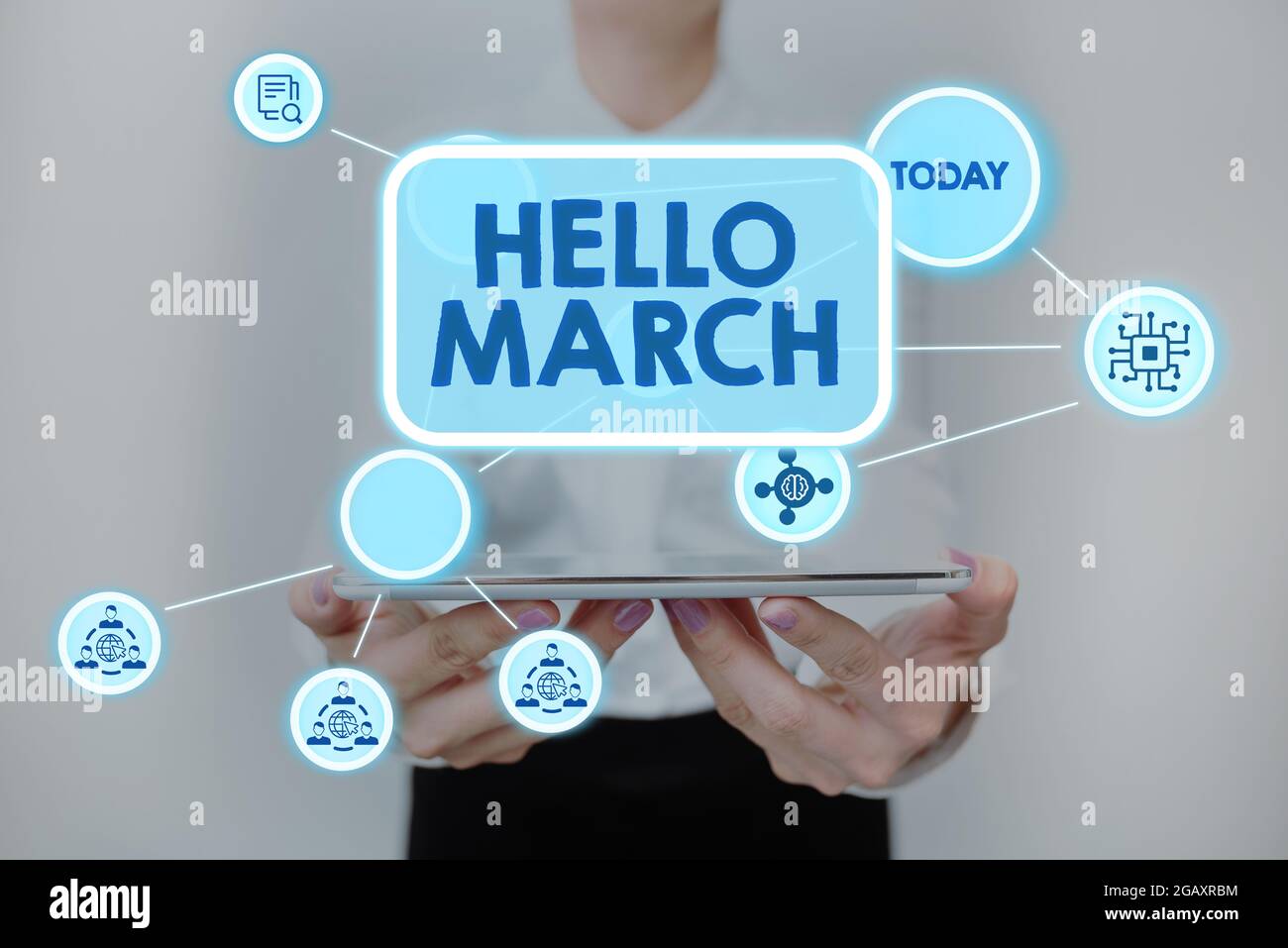 Hand writing sign Hello March. Word Written on a greeting expression ...