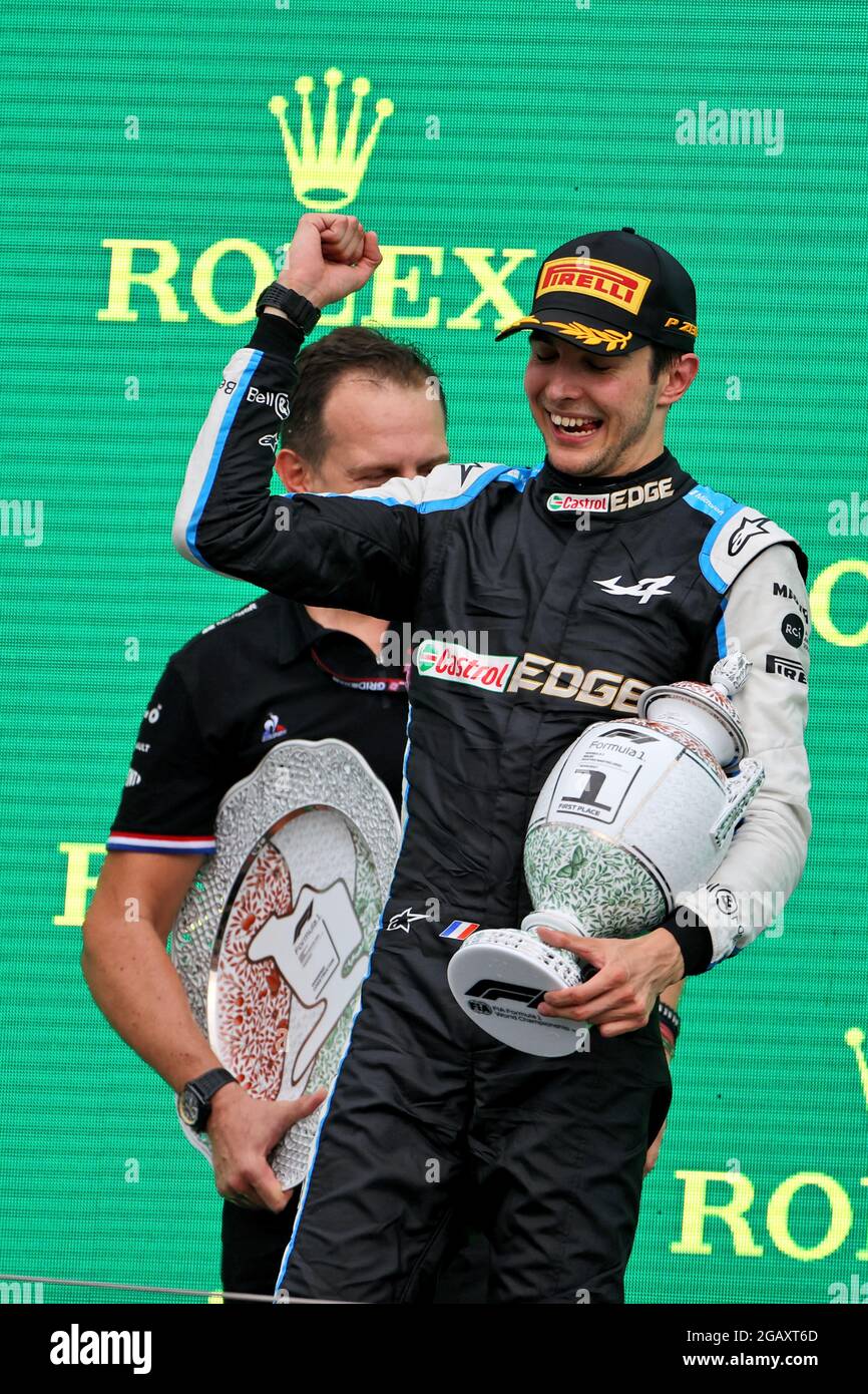 Race winner Esteban Ocon (FRA) Alpine F1 Team celebrates on the podium ...